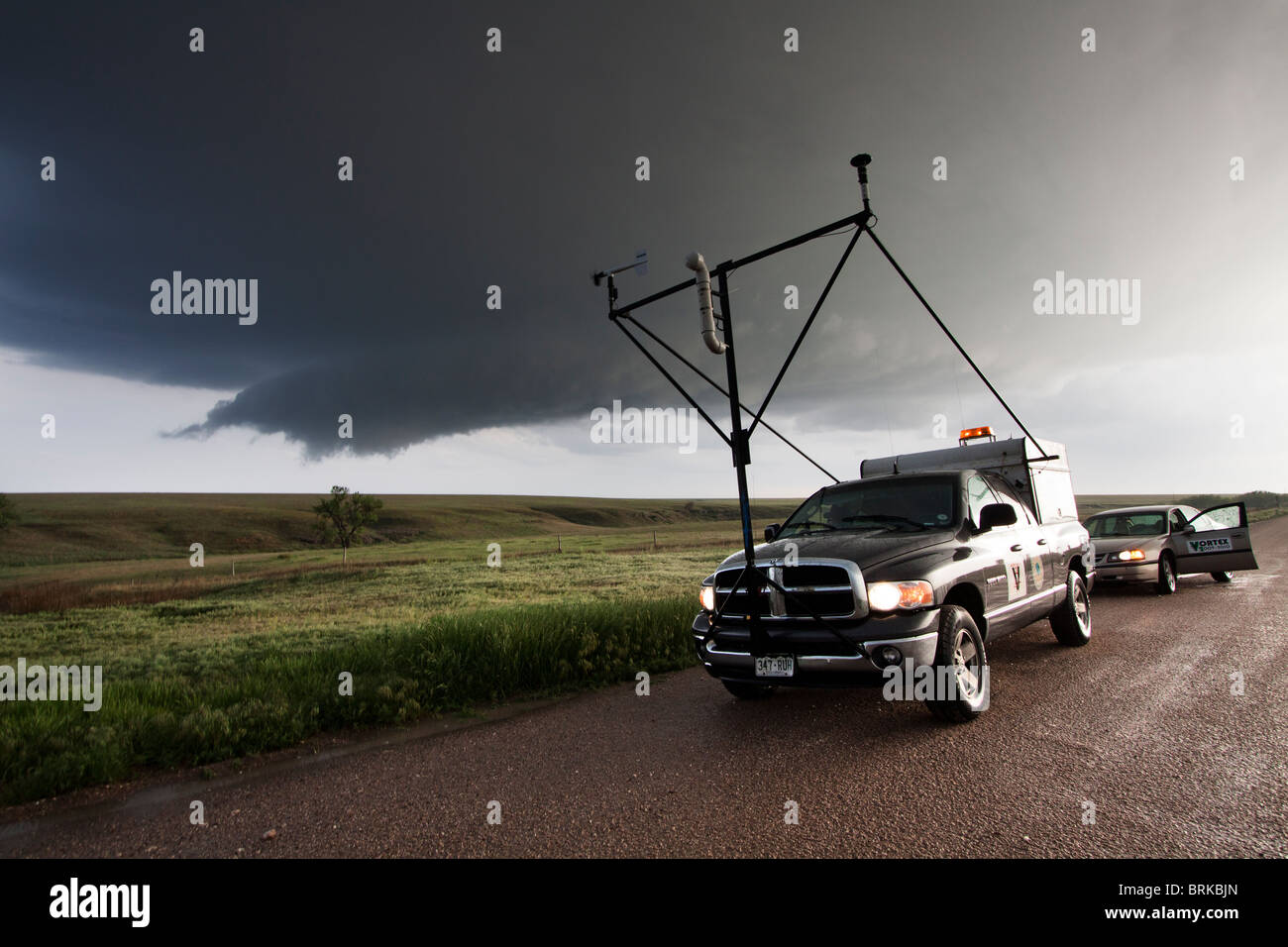 Project Vortex 2 storm chasers parked alongside the road in Kansas, May ...