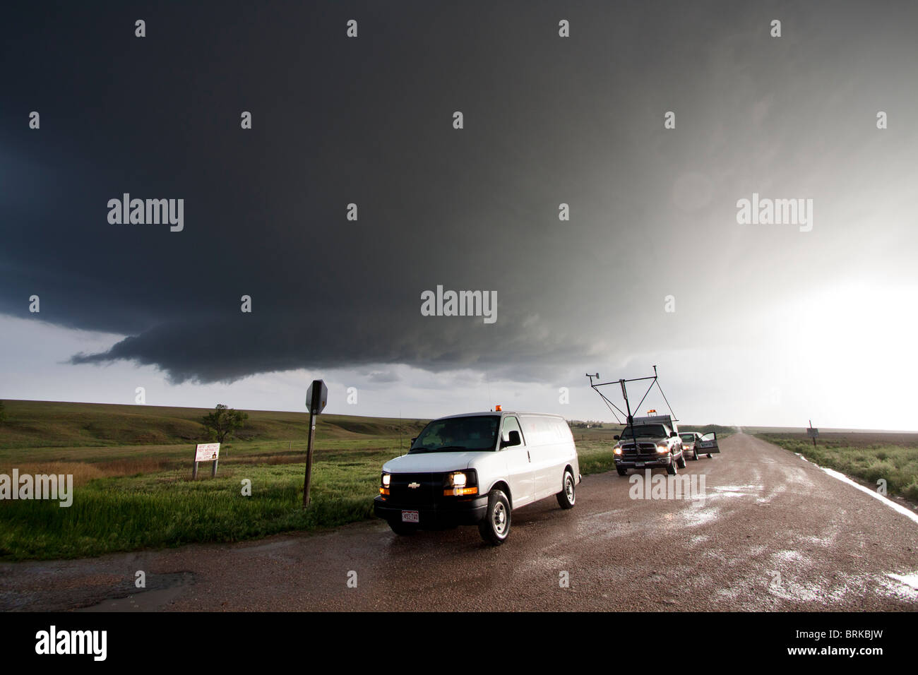 Project Vortex 2 storm chasers parked alongside the road in Kansas, May ...