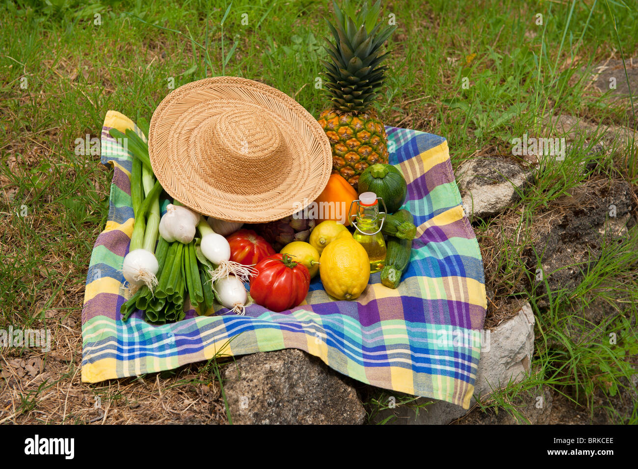 many fruit and vegetables with straw hat Stock Photo - Alamy