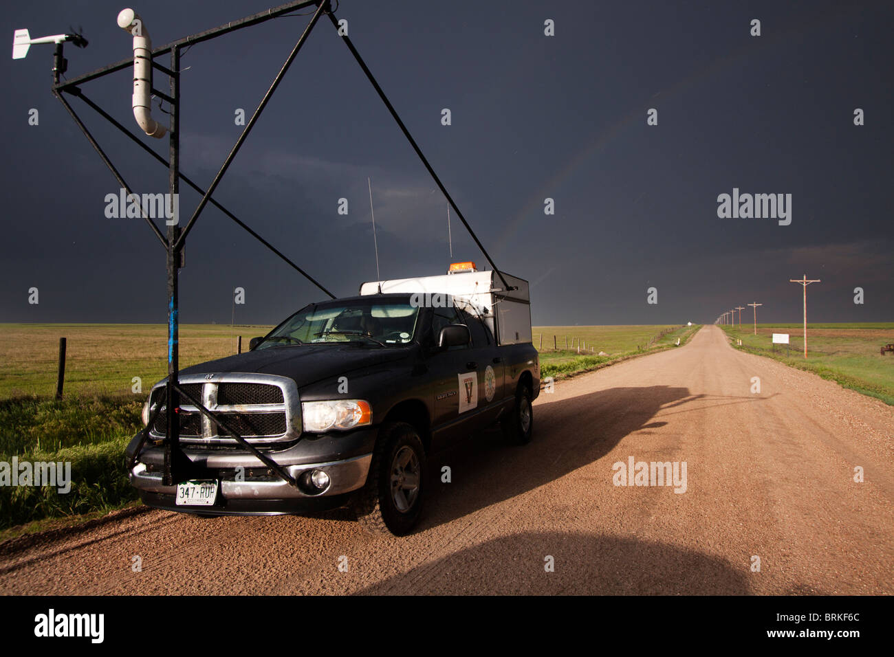 Project Vortex 2 storm chasers parked alongside the road in Kansas, May ...