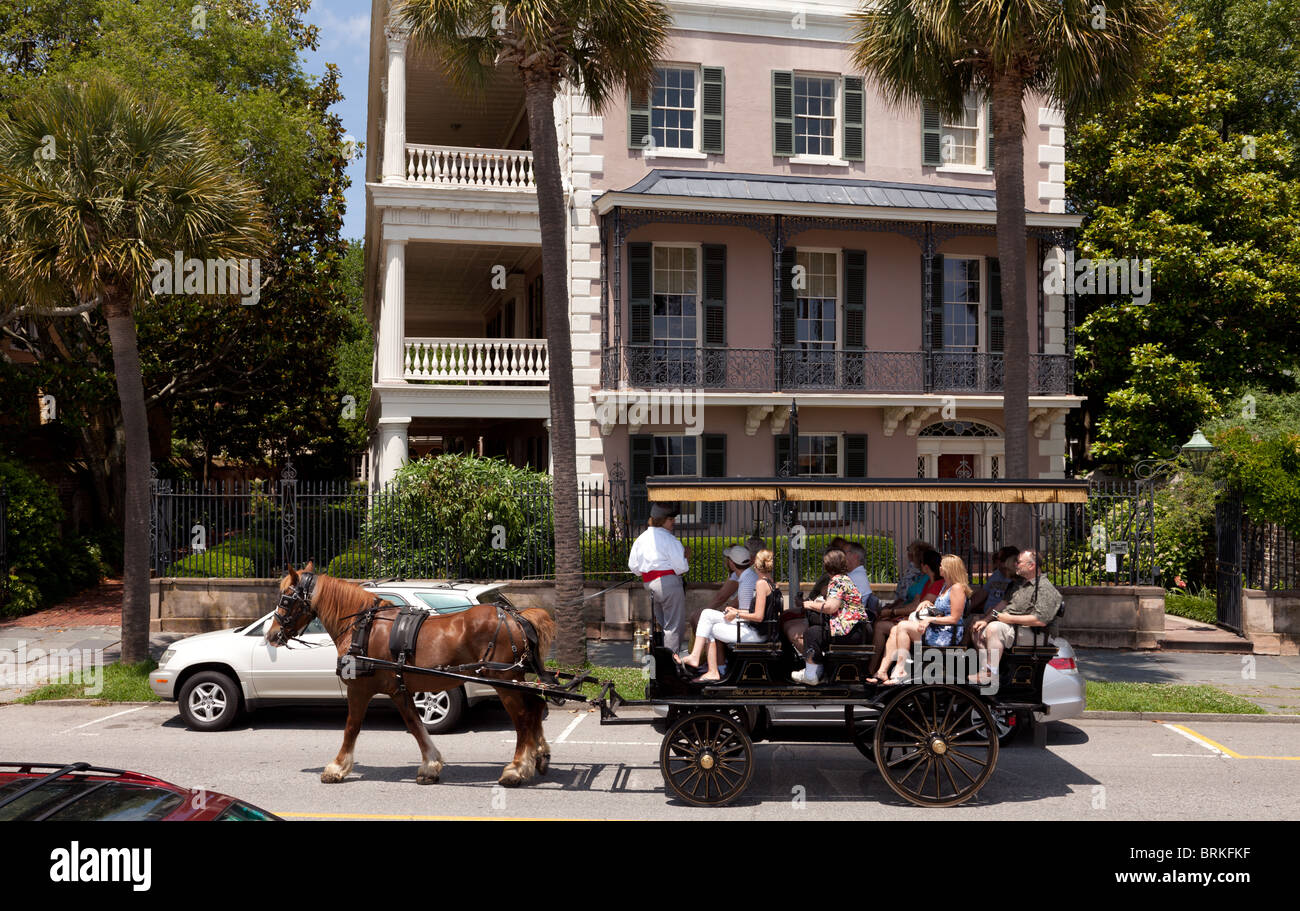 Tourist horse drawn coach in front of Edmonston Alston House museum in ...