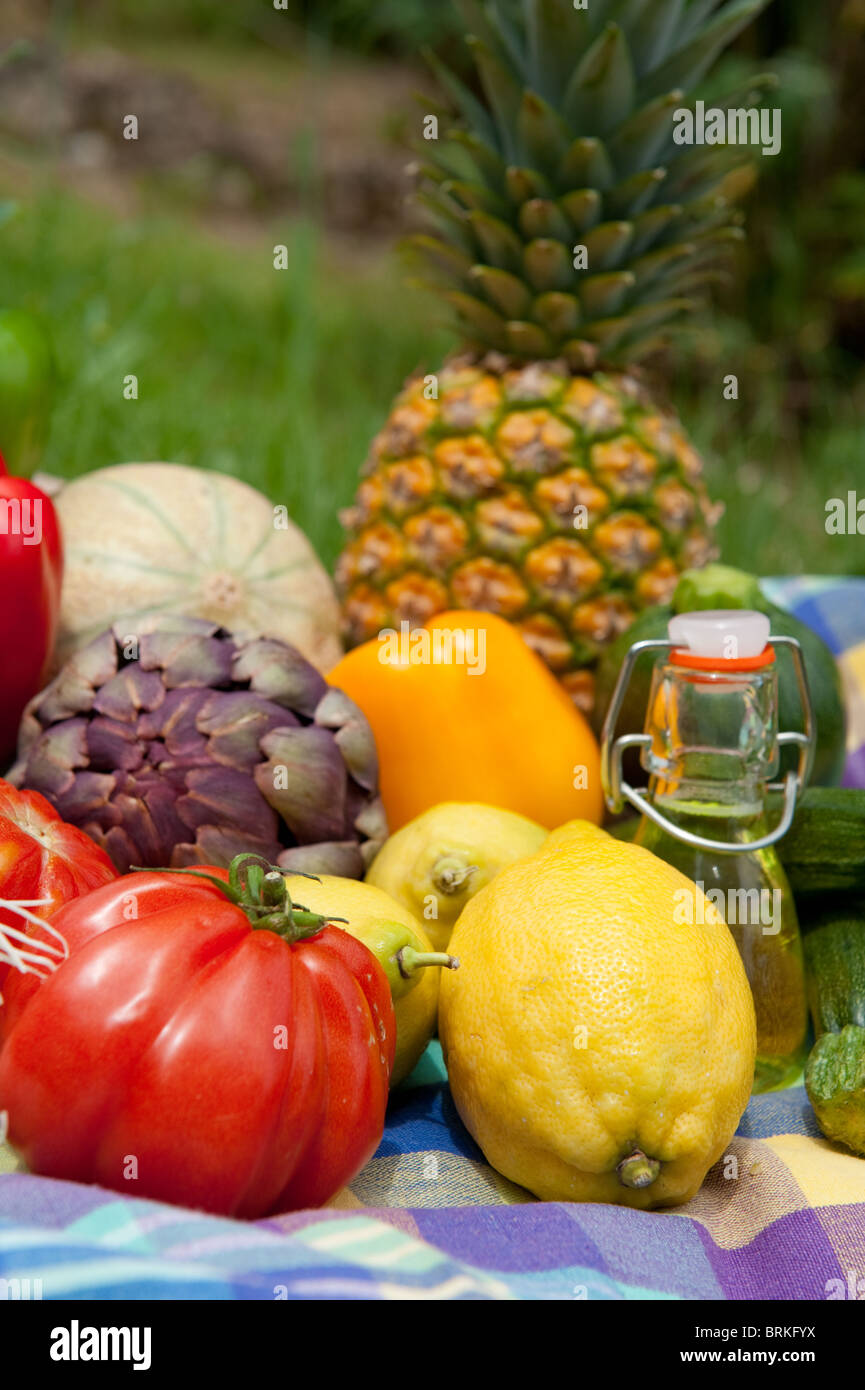 Healthy fruit and vegetables in still life outdoor Stock Photo - Alamy