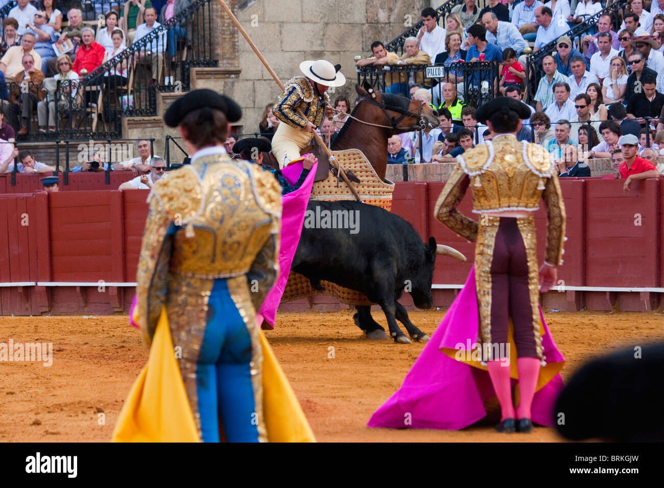 matadors and bull in bull fighting scene in sevilla, spain Stock Photo ...