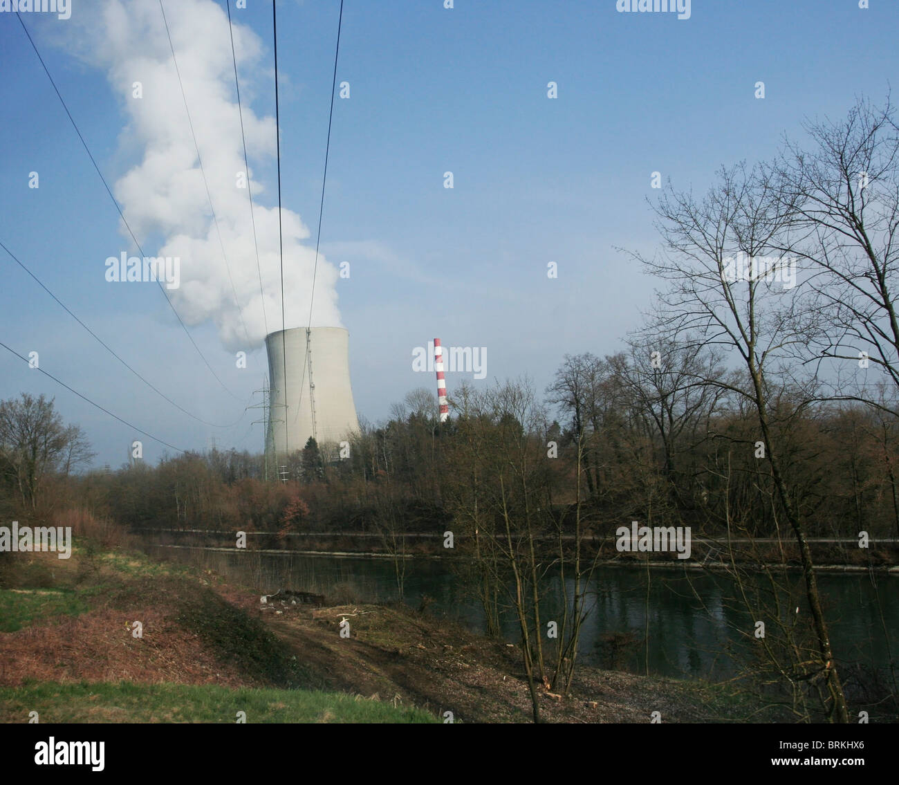 Energy cooling tower trees landscape river smoke developed nation hi ...