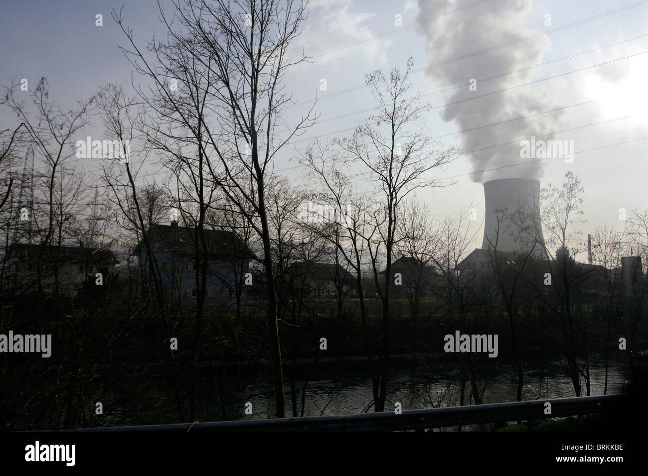 Energy cooling tower trees landscape river smoke developed nation hi ...