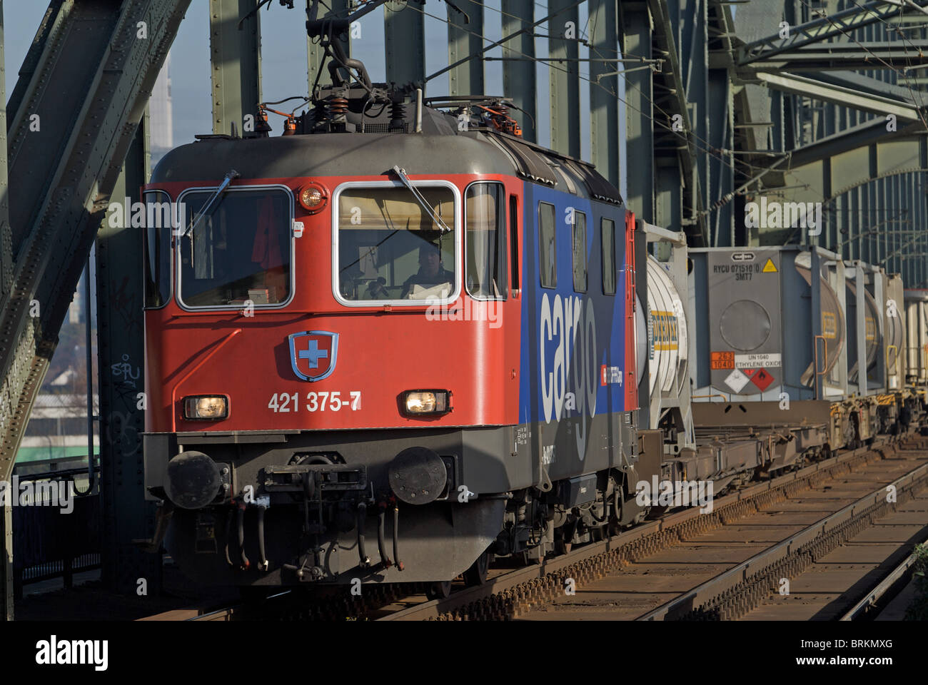 SBB (Swiss Railways) freight train crossing the river Rhine, Cologne ...