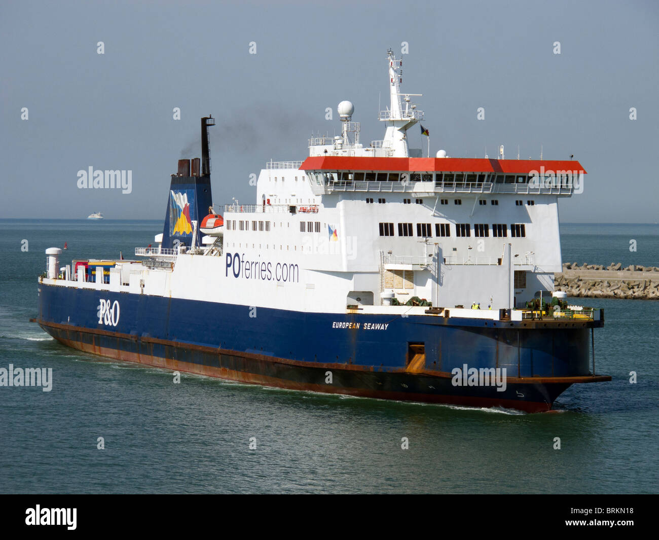 The P&O cargo and lorry ferry European Seaway arrives at Calais docks ...