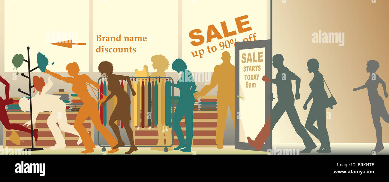 Illustration of a sale opening at a store Stock Photo - Alamy