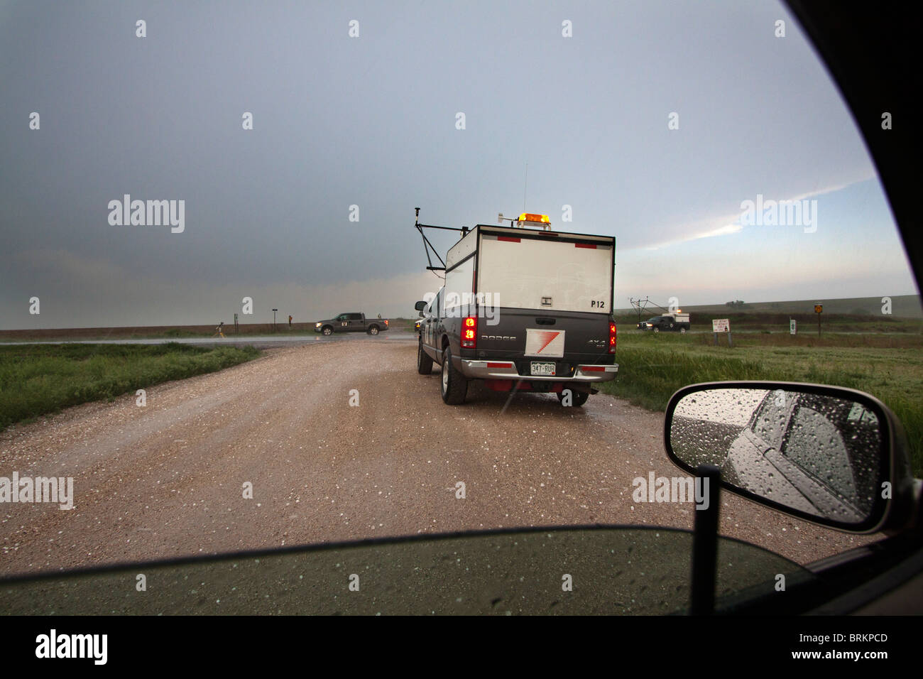 Project Vortex 2 storm chasers parked alongside the road in Kansas with ...