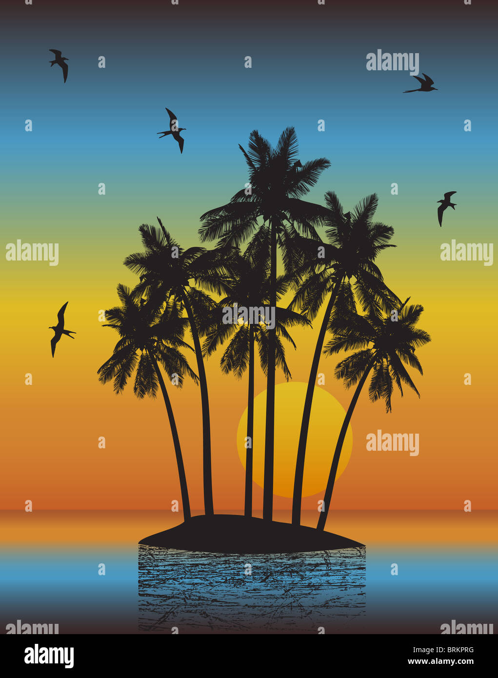 Illustration of a tropical island with sunset Stock Photo - Alamy