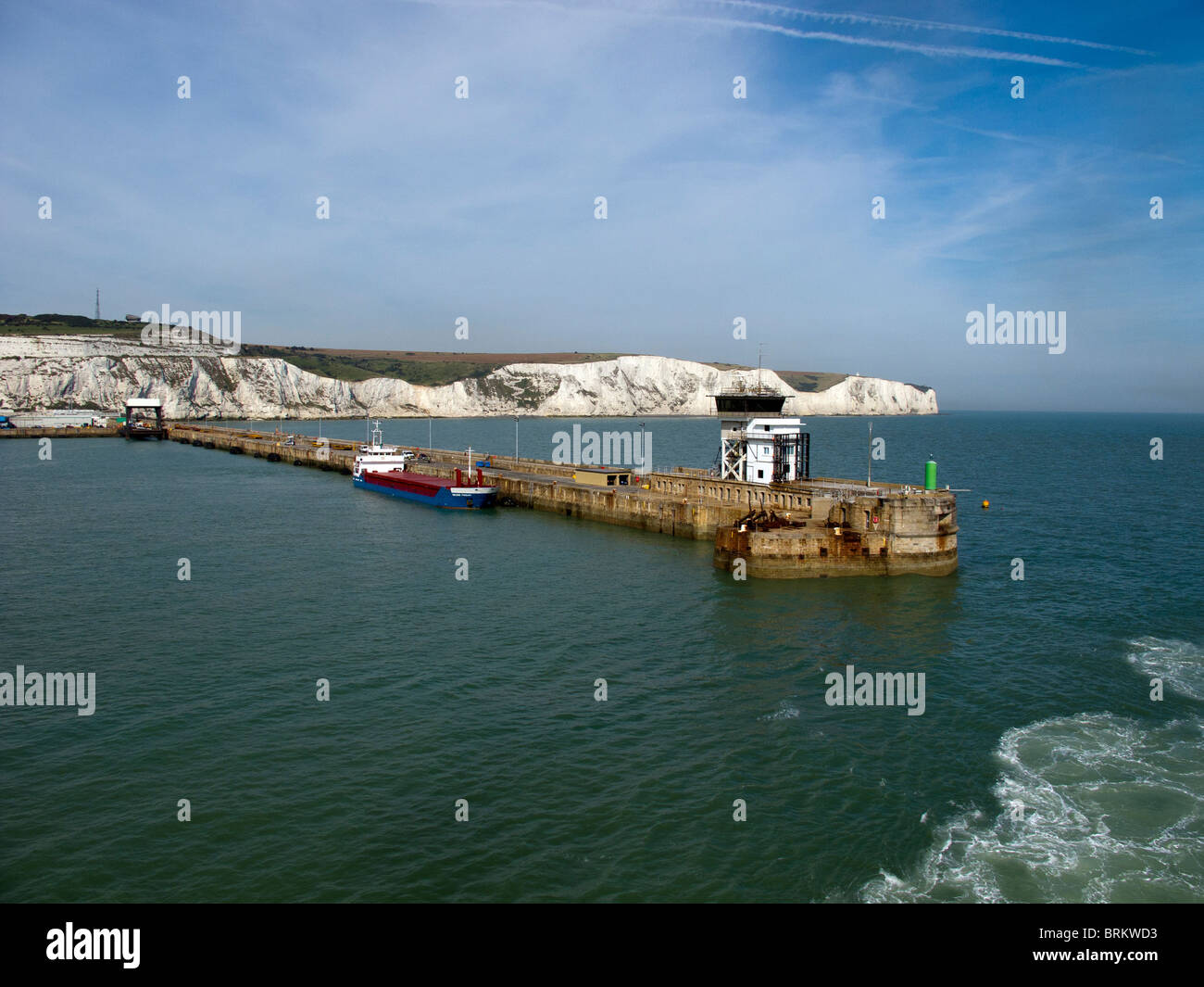 The harbour wall at the entrance to the Port of Dover on the Kent ...
