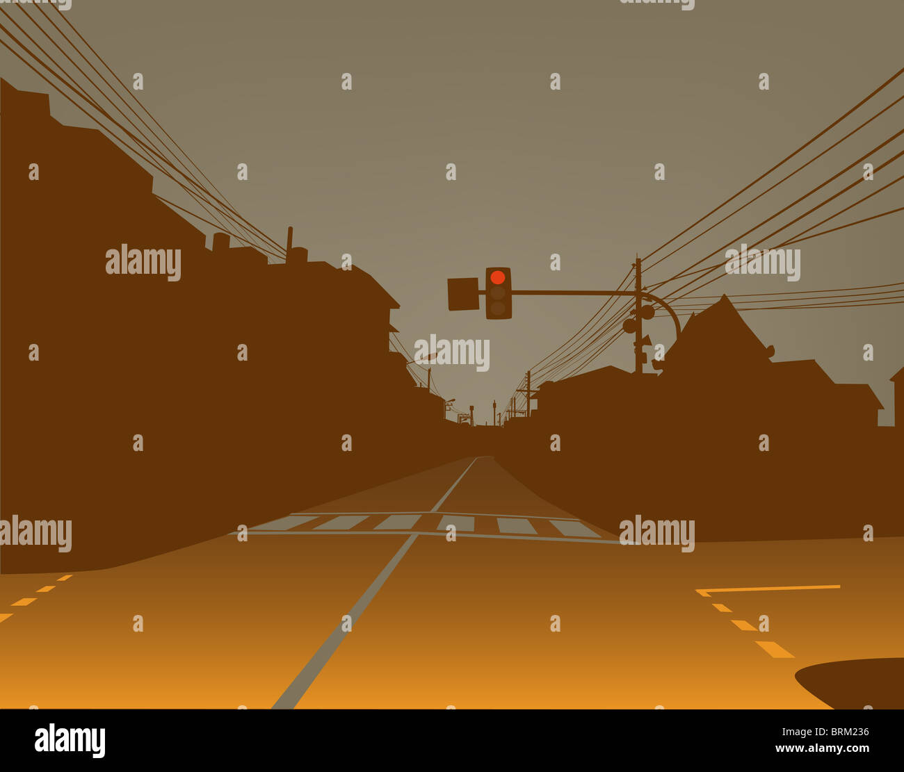 Illustrated design of red traffic light over a dark and empty street ...