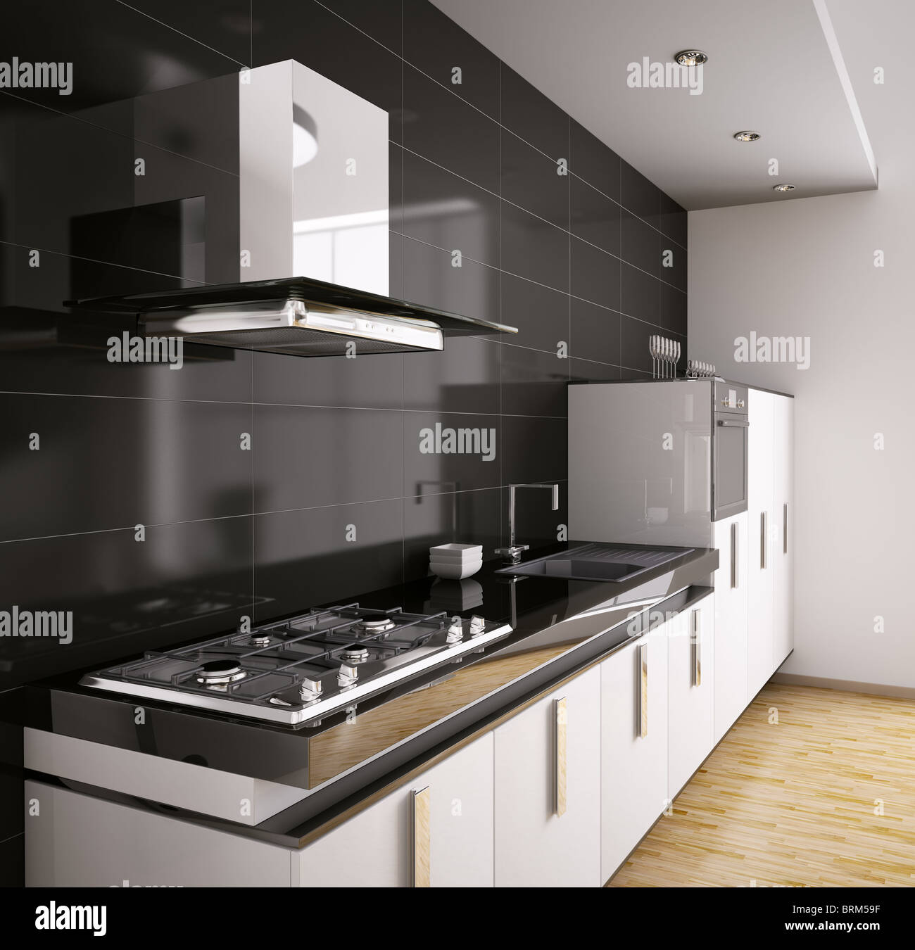 Modern kitchen with sink, gas cooktop and hood interior 3d Stock Photo ...