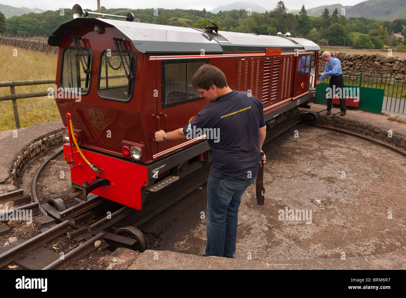 A train is turned round on a turntable on the Ravenglass and Eskdale ...