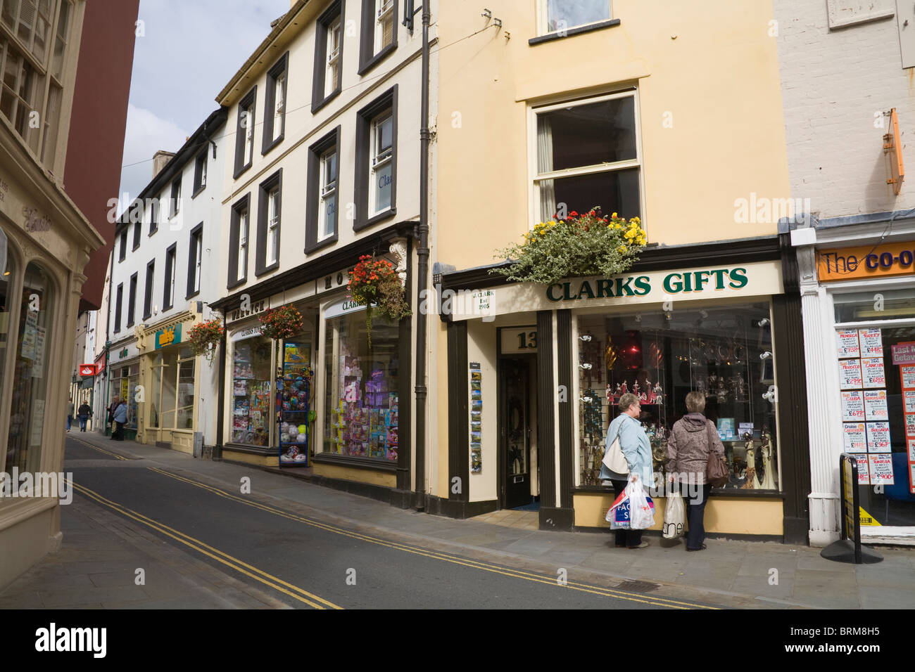 Brecon Powys Wales UK narrow street of this old market town with two ...