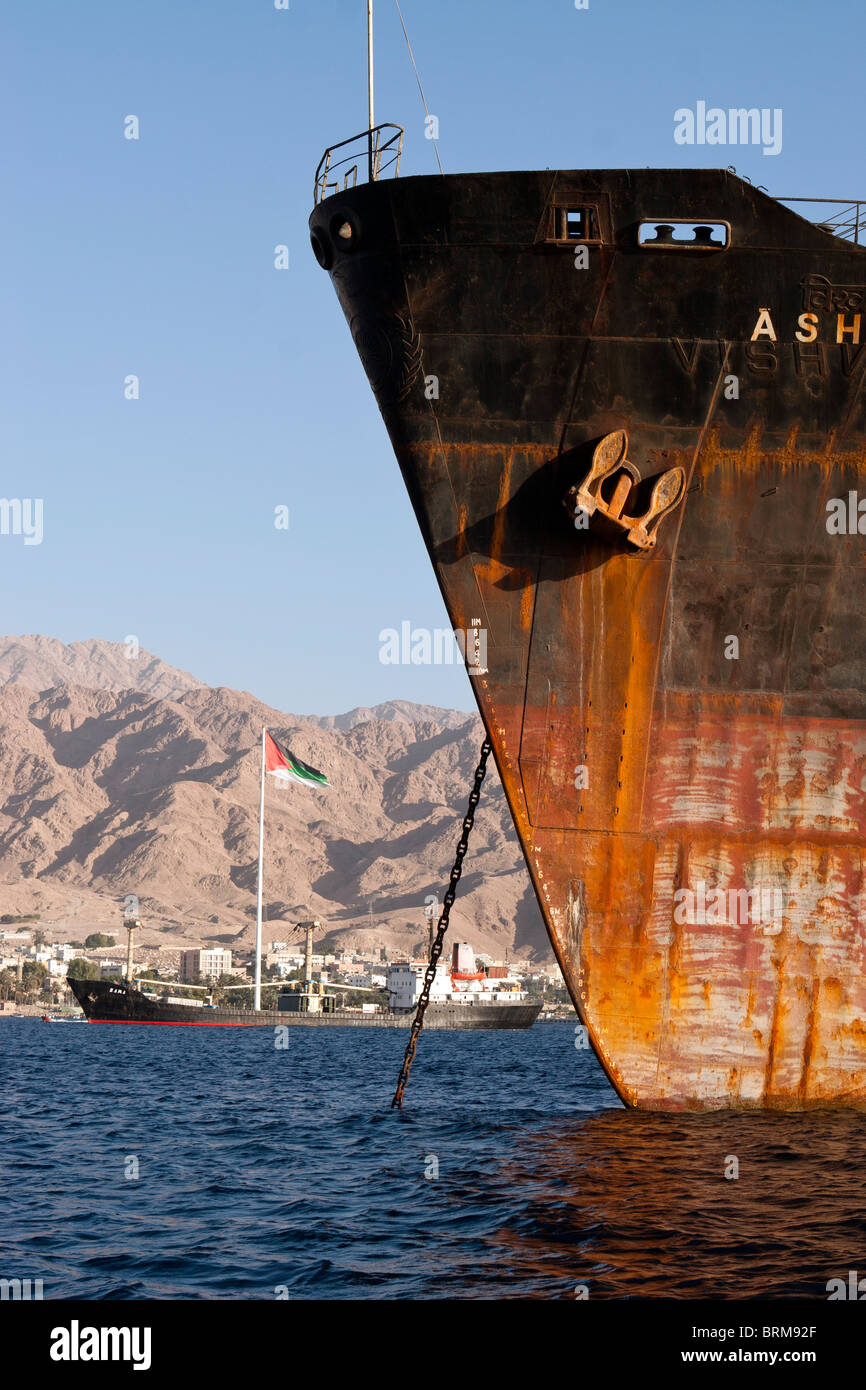 Cargo ship Asha Ashik at anchor in the Gulf of Aqaba, Jordan Stock ...