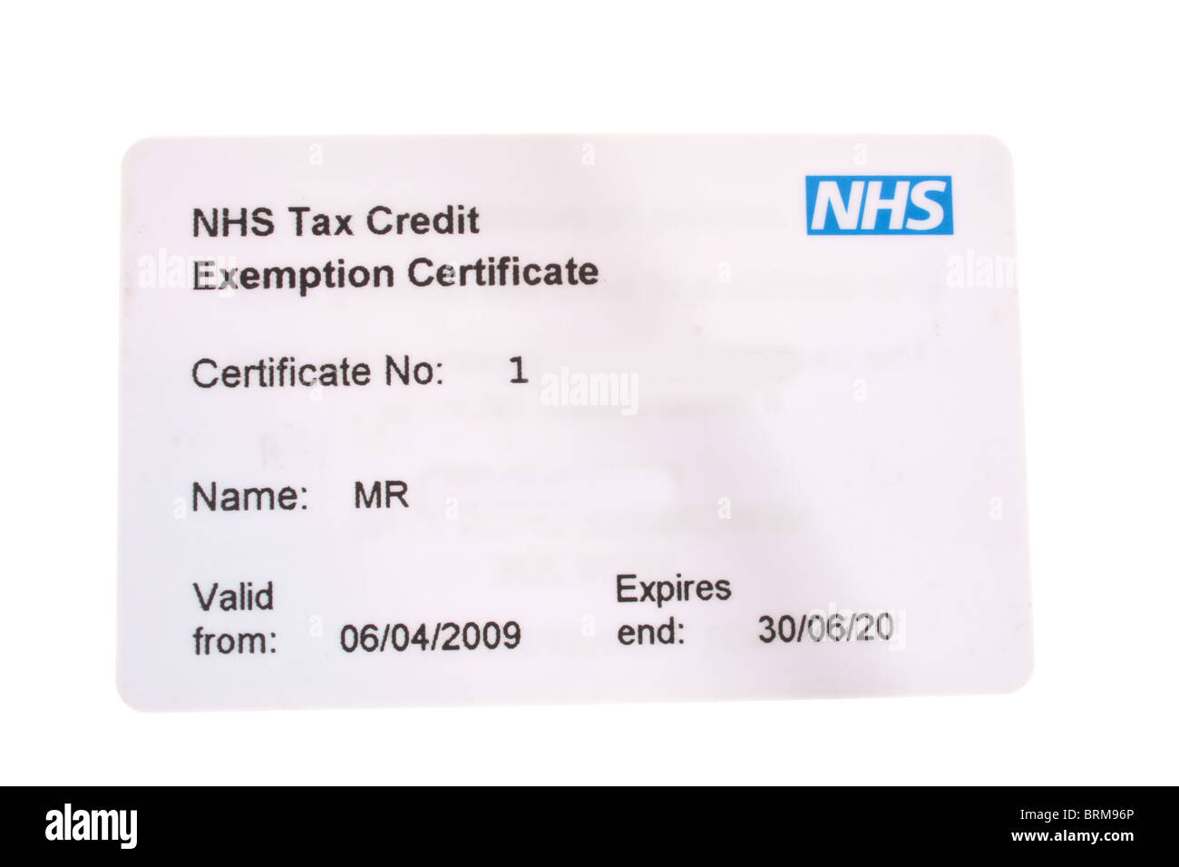 Close Up Of White Plastic NHS Tax Credit Exemption Certificate Card