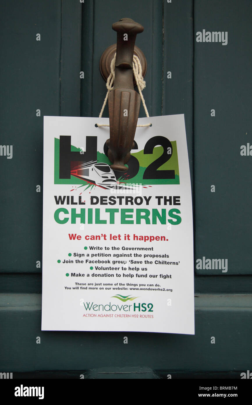 Anti High Speed 2 (HS2) poster on a house door on a stretch of ...