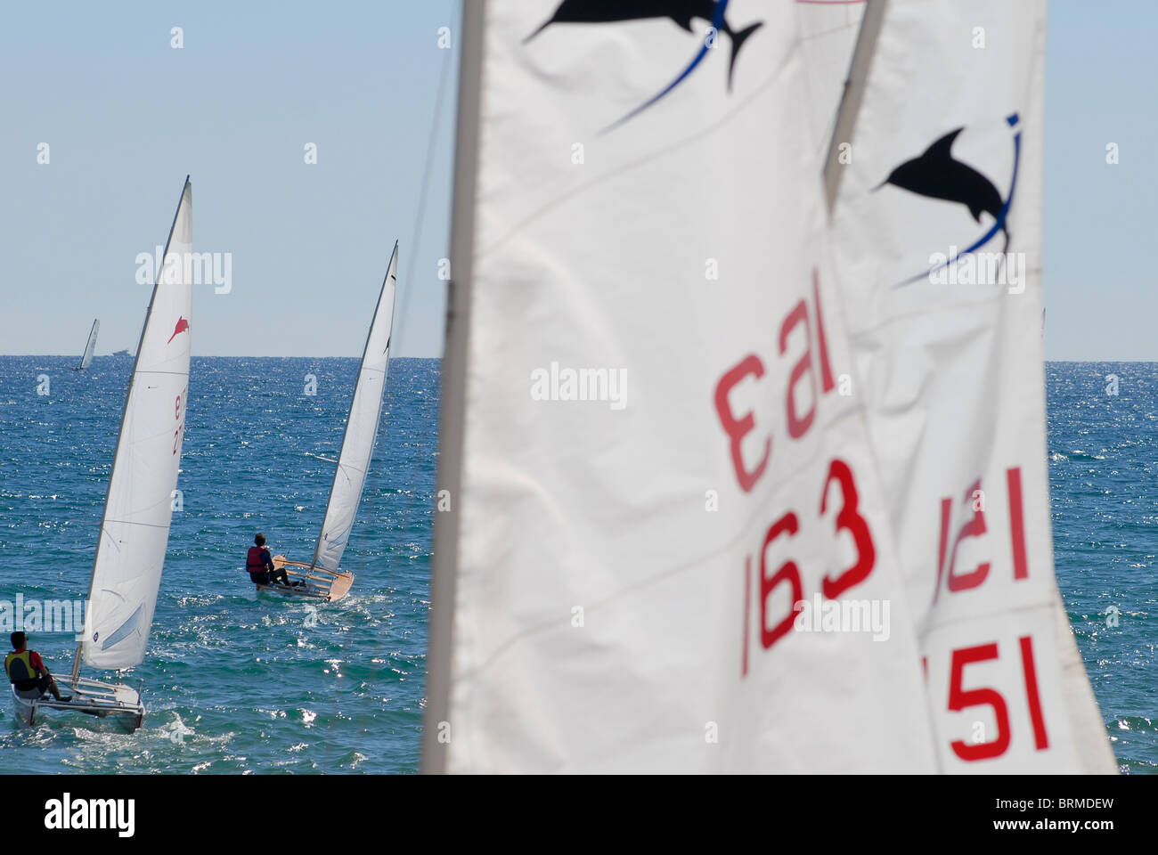 Spain Costa Brava , sailing boat at sea bath Sitges at Mediterranean ...