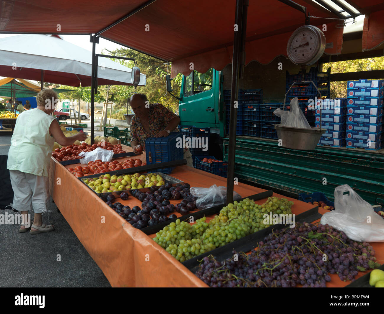Vouliagmeni Athens Greece Saturday Market Woman Buying Fruit Off Stall ...