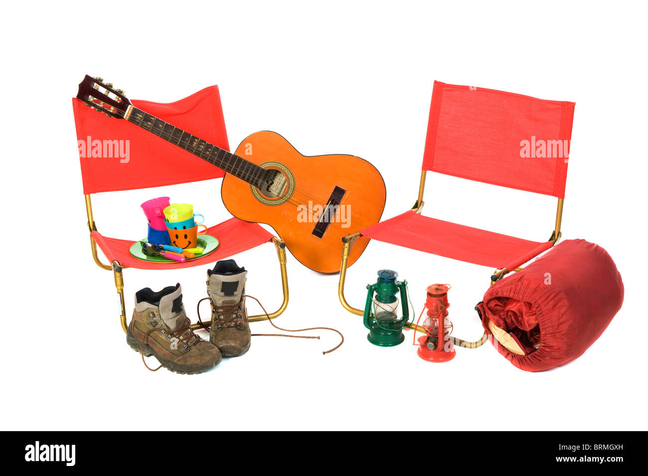 Leisure objects for the campground isolated over white Stock Photo - Alamy
