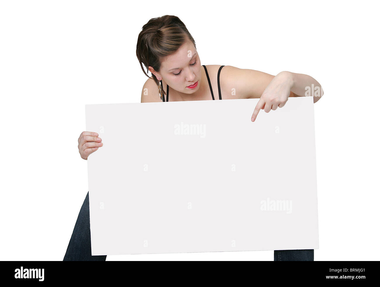 young woman pointing something out on a blank sign Stock Photo - Alamy