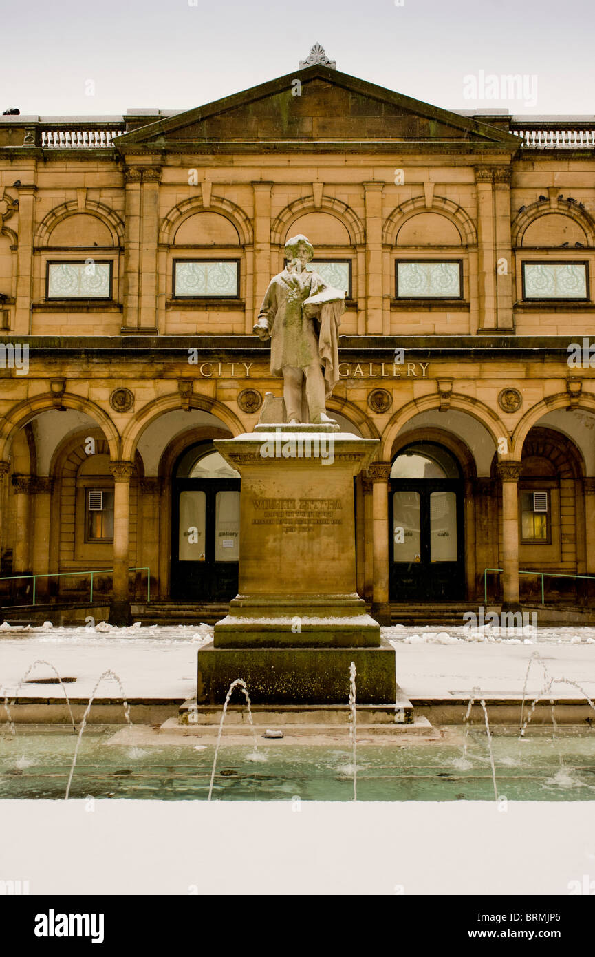 William Etty statue and fountains in snow outside York Art Gallery ...