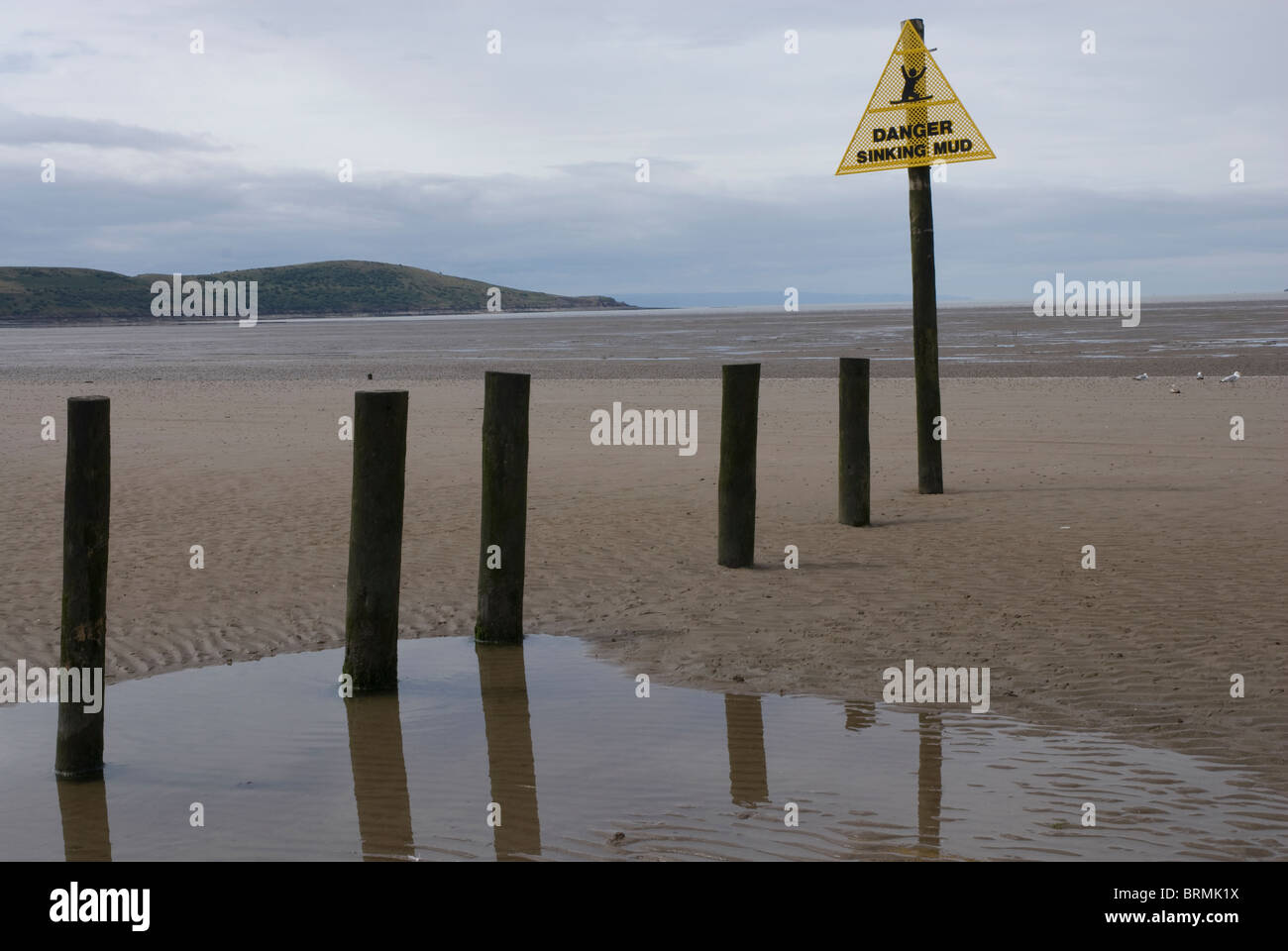 Warning sign for sinking sand on Weston Super Mare beach Somerset ...