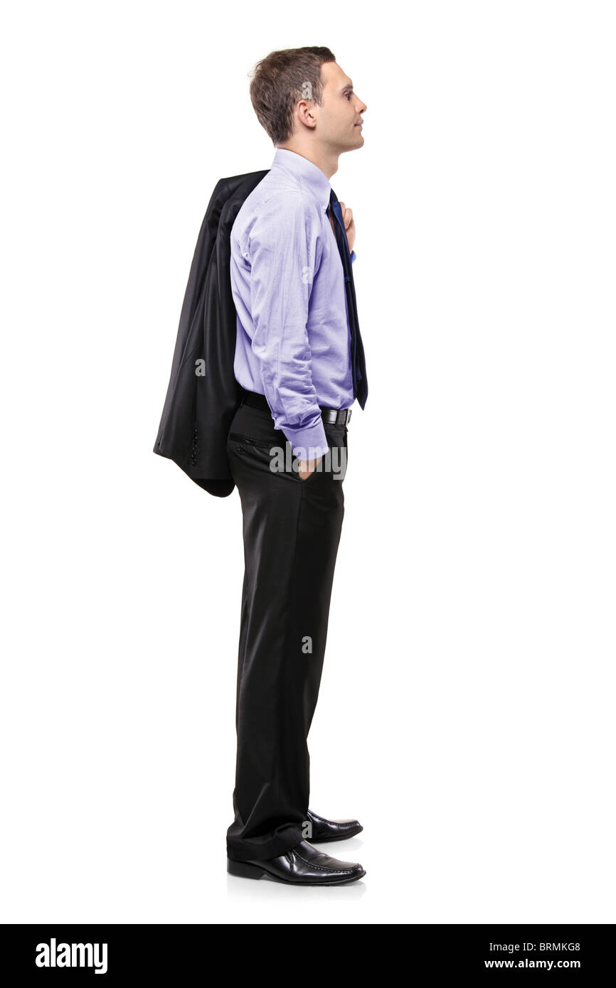 Full length of a businessman waiting in line isolated on white ...