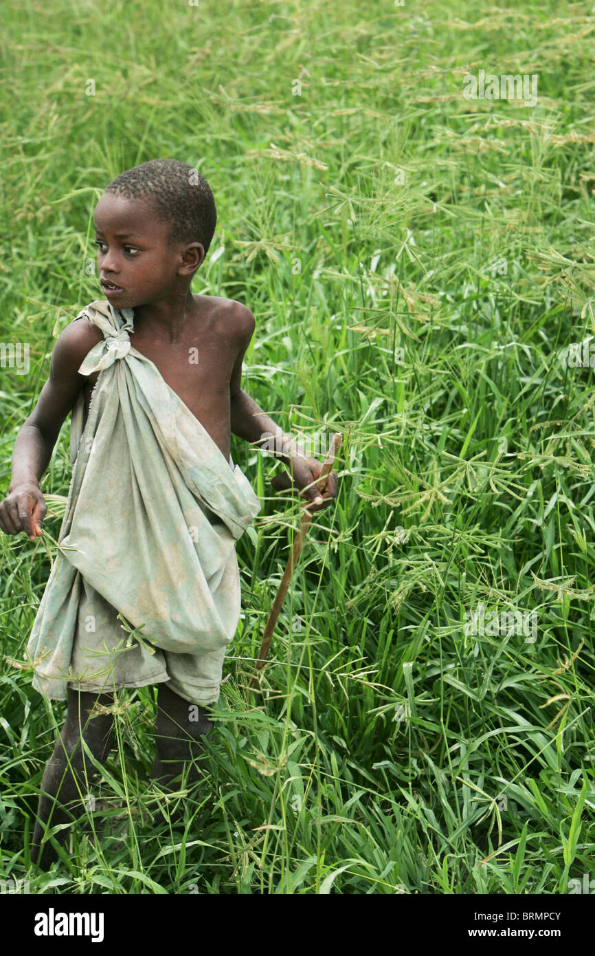 A young African herd boy walking through long green grass Stock Photo ...