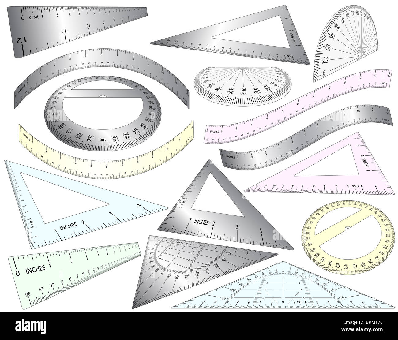 Set of angled and bent rulers, set squares and protractors in plastic ...