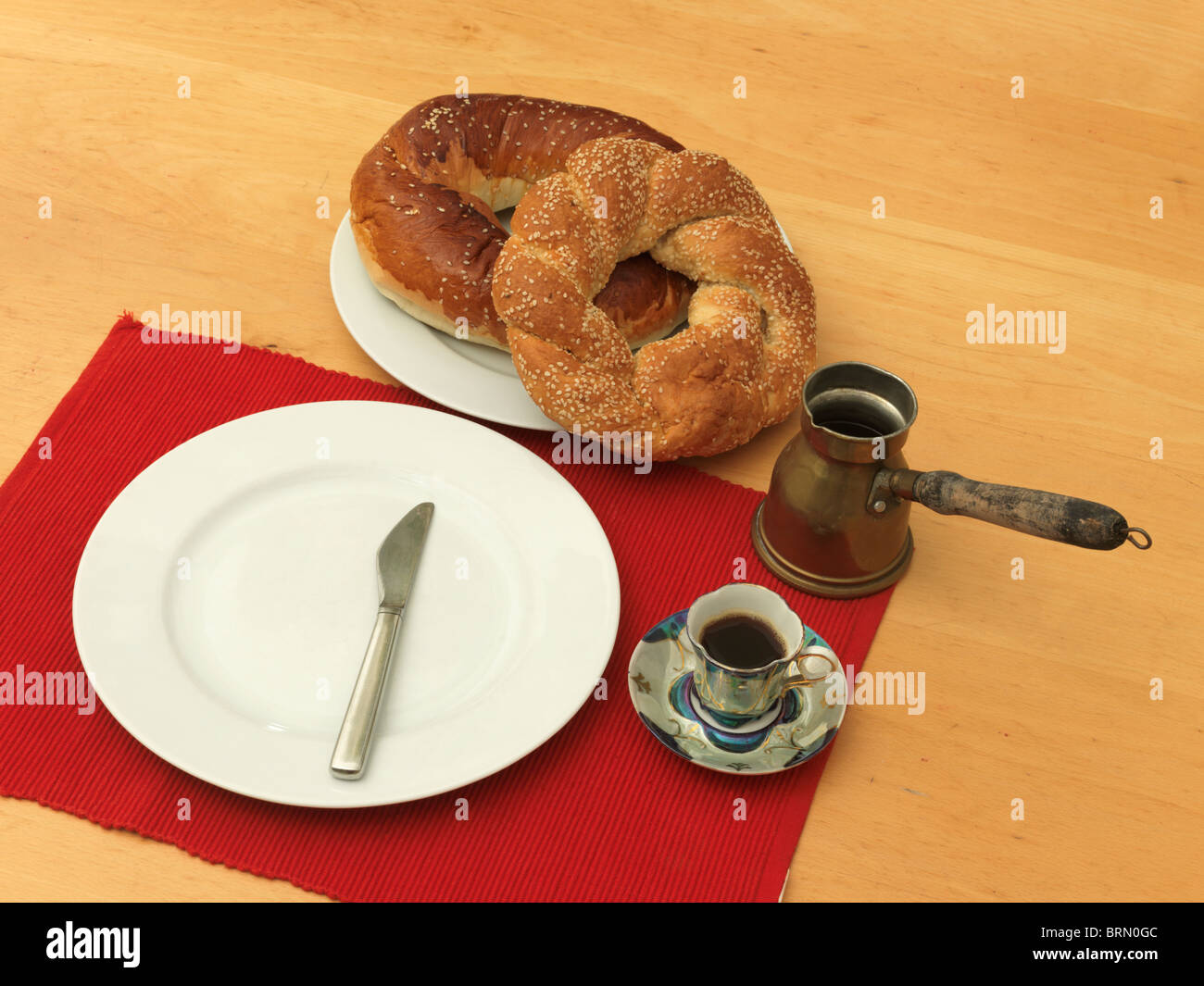 Greek Coffee And A Simple Greek Breakfast With Bread Rings Stock Photo ...
