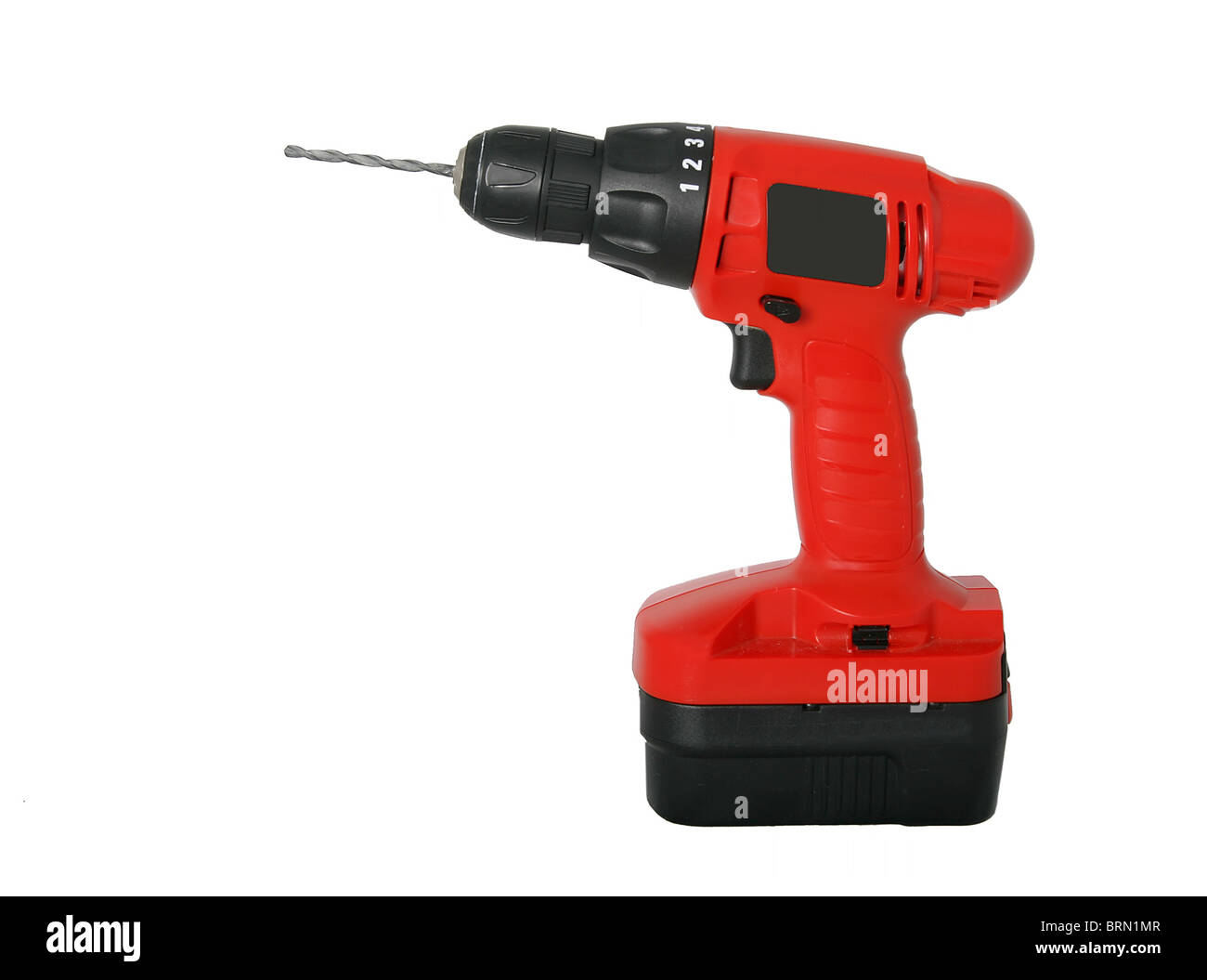 red cordless drill isolated on white with a bit Stock Photo - Alamy