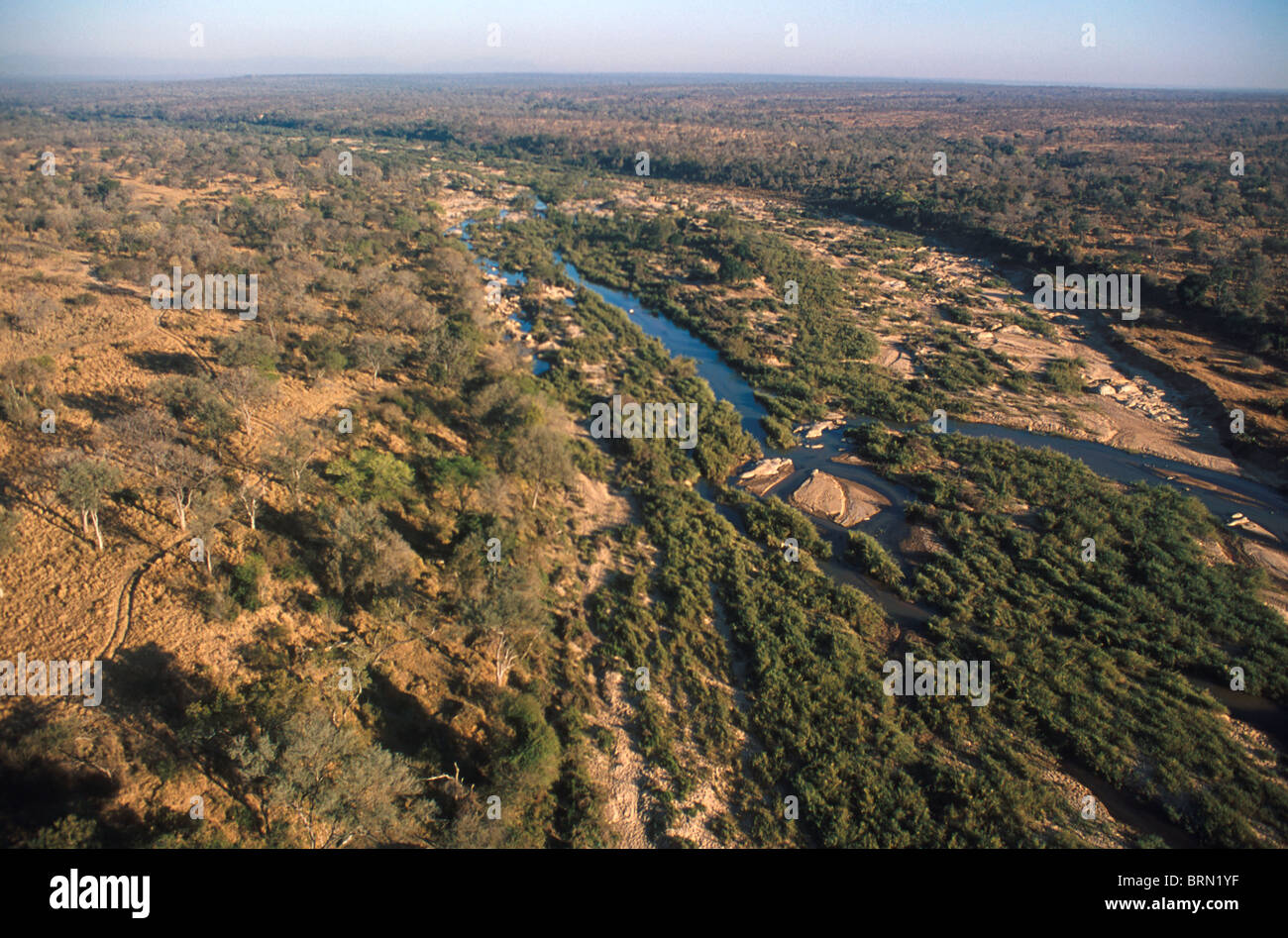 Aerial view of the Sand River near Mala Mala and Londolozi Stock Photo ...