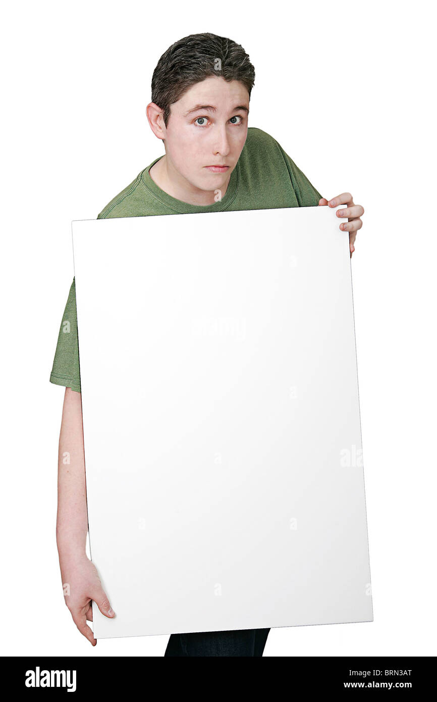 a man holding a large blank white sign ready for message Stock Photo ...