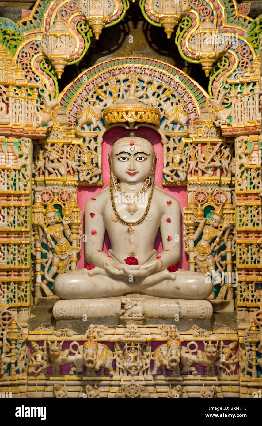 Ornate stone carvings of deities inside the Jain temple in Jaisalmer ...