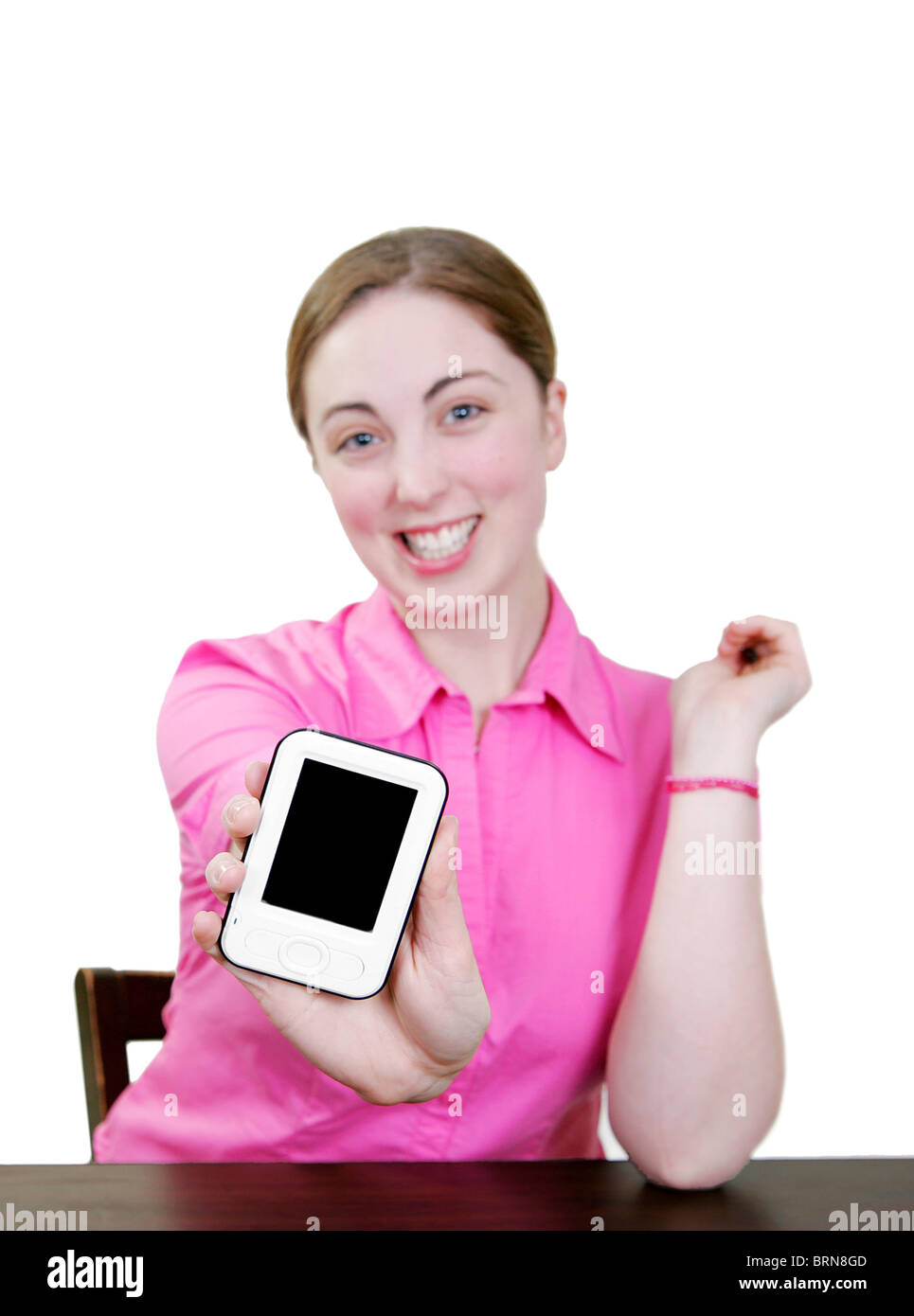 girl in pink showing off her blank pda screen Stock Photo - Alamy