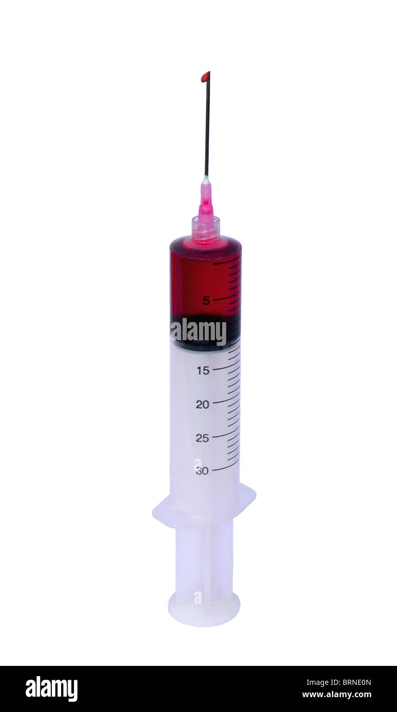 Synergine with needle and blood inside, isolated on white with clipping ...