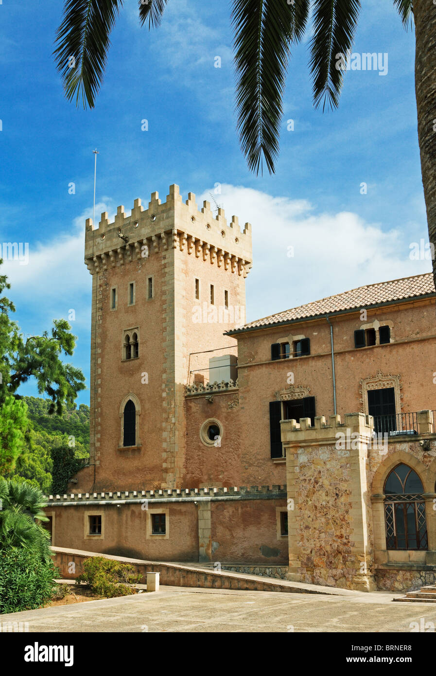 Spain Balearic Mallorca Andratx town hall fort castle palm tree Stock ...