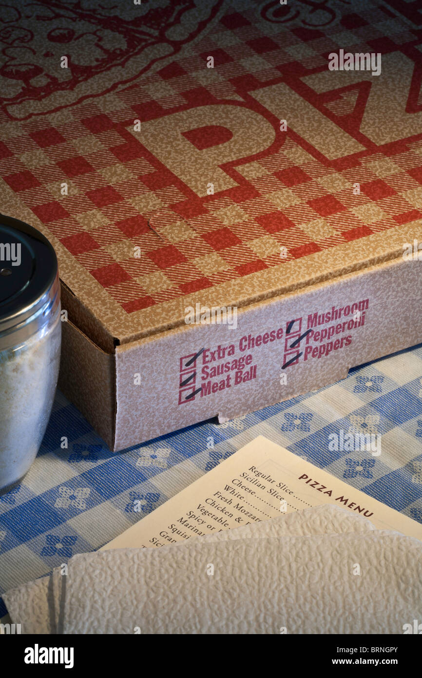 Take Out Pizza Box with Menu Stock Photo - Alamy