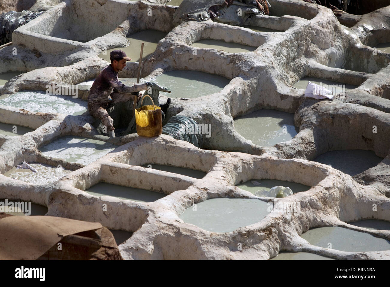 Moroccan worker,leather tannery,fez medina Stock Photo - Alamy