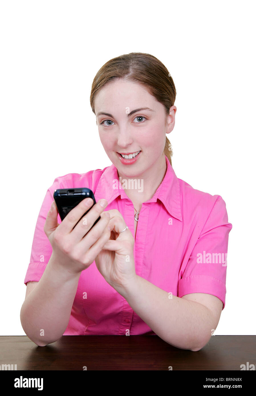 happy smiling girl using her pda personal assistant and stylus Stock ...