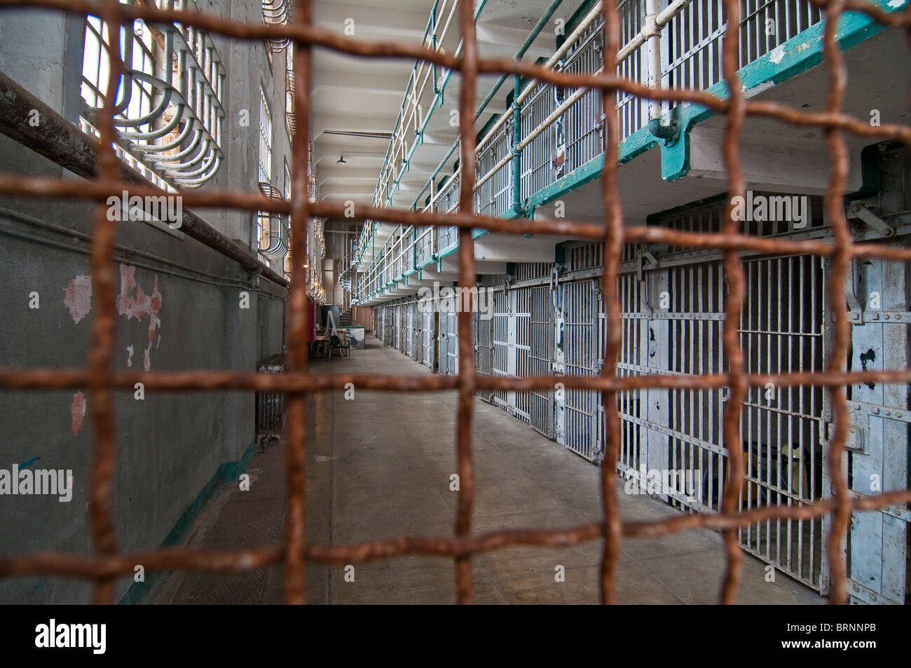View into a cell block in the prison, Alcatraz Island, San Francisco ...