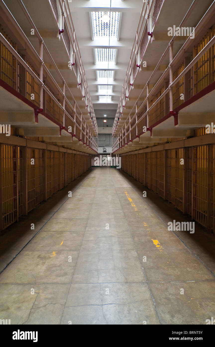 View into a cell block in the prison, Alcatraz Island, San Francisco ...
