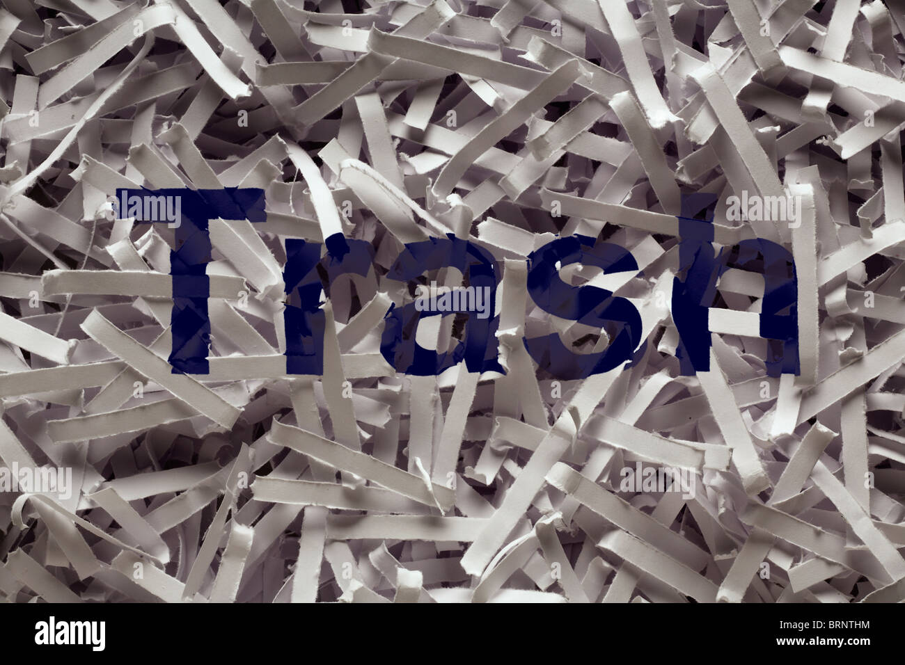 close up detail image of shredded paper with the word trash printed on ...