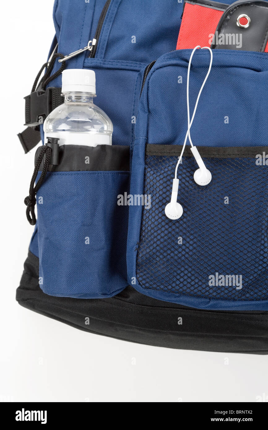 Blue backpack and water with white background Stock Photo - Alamy