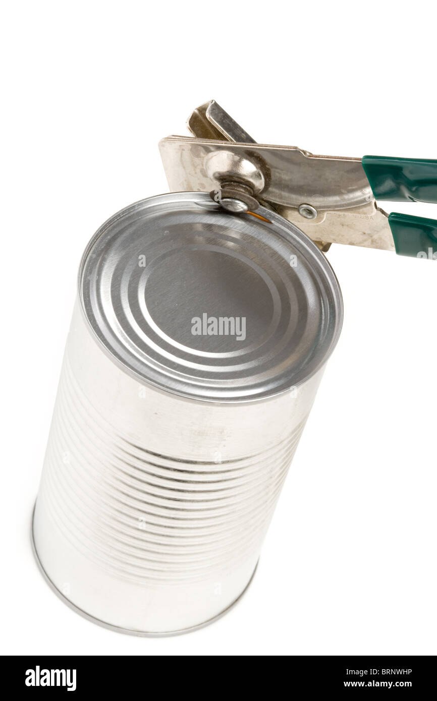 Metal Can and opener with white background Stock Photo - Alamy