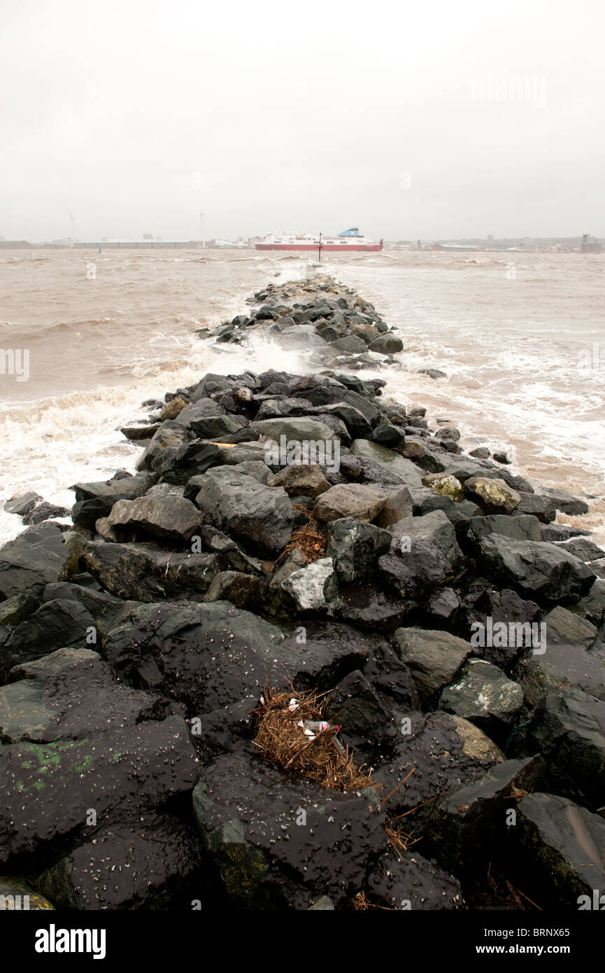 Ship and breakwater in storm River Mersey Liverpool UK Stock Photo - Alamy
