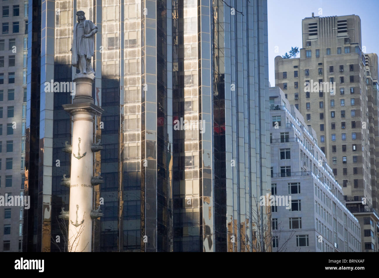 Statue, Columbus Circle, NYC Manhattan skyscraper buildings Stock Photo ...