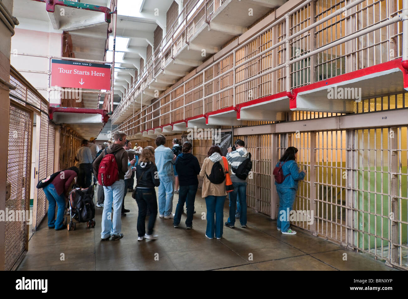 Tourists in a cell block in prison, Alcatraz Island, California, USA ...